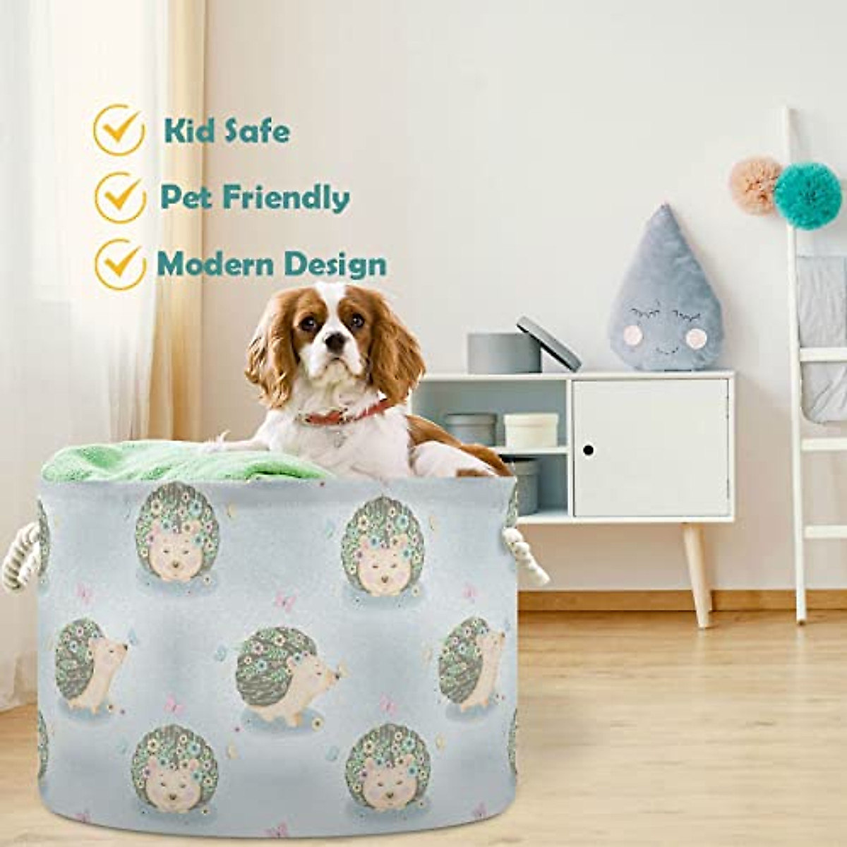 visesunny Hedgehog Spring Flower Meadow Laundry Baskets Fabric Storage Bin Storage Box Collapsible Storage Basket Toy Clothes Shelves Basket for Bathroom,Bedroom,Nursery,Closet,Office