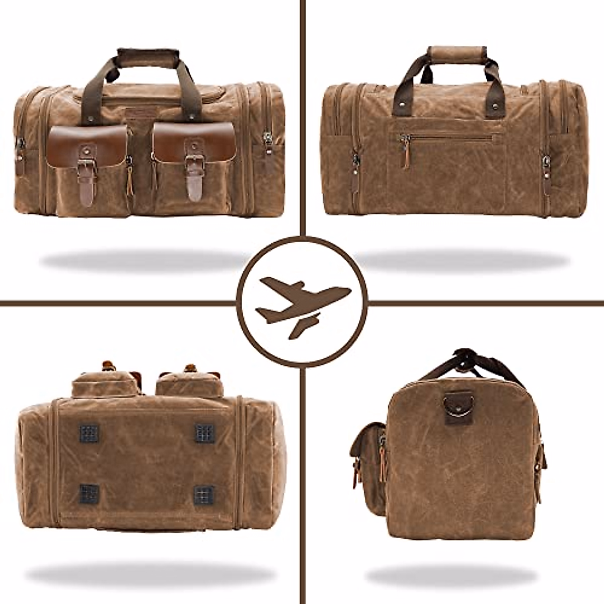 Wildroad Duffle Bag for Travel, 50L Waterproof Waxed Canvas Genuine Leather Weekender Overnight Bag Vintage Travel Hand Bag Carry on Bag