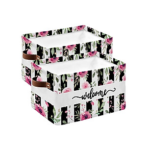 Storage Basket Pink Flowers Floral Leaves Large Foldable Storage Bins with Handles Black and White Stripe Waterproof Fabric Laundry Baskets for Organizing Shelves Closet Toy Gifts Bedroom Home Decor