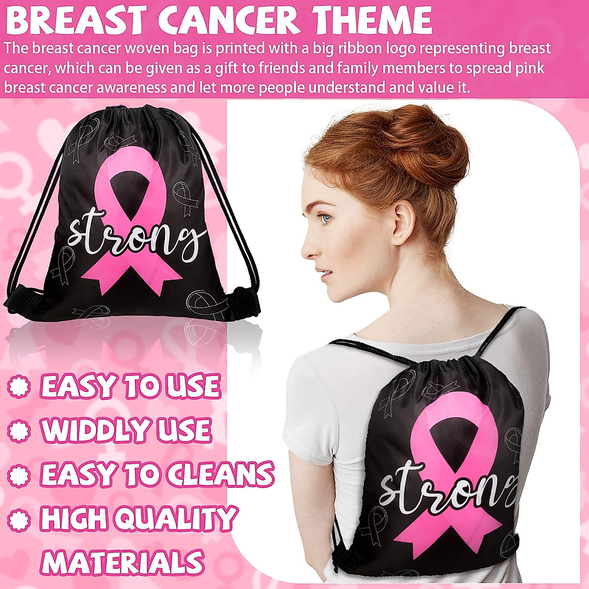 Paterr 36 Pcs Breast Cancer Awareness Drawstring Backpack 11.8'' x 9.8'' Pink Ribbon Polyester Drawstring Bags Hope Fight Sport Gym Sackpack for Women Travel Storage Accessories, White and Black