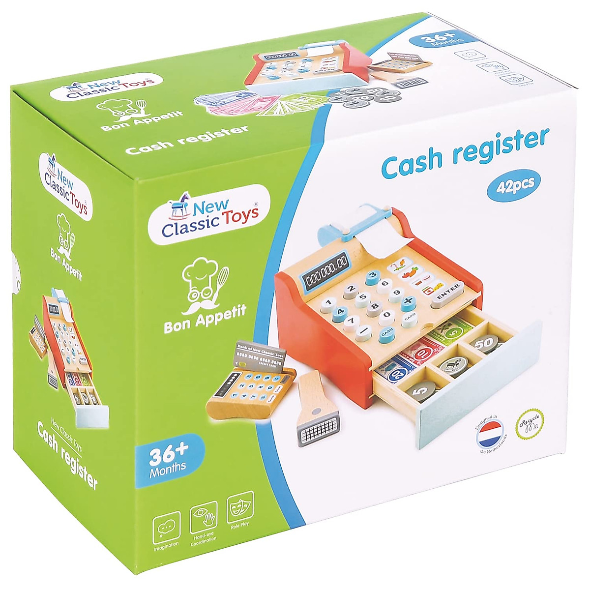 New Classic Toys Wooden Cash Register Pretend Play Toy for Kids Cooking Simulation Educational Toys and Color Perception Toy for Preschool Age Toddlers Boys Girls