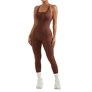 MOOSLOVER Women Strappy Backless One Piece Jumpsuits Tummy Control Padded Workout Rompers(XL,#1 Brown)