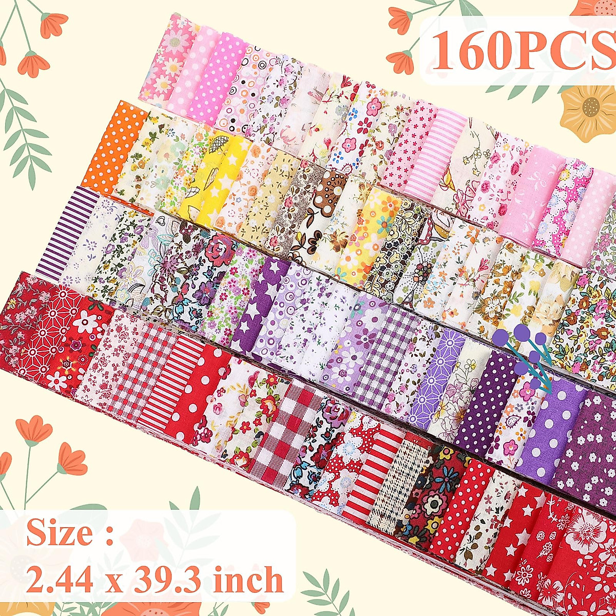 SmoothNovelty 160 Pcs 4 Roll Fabric Strips Assorted Quilting Fabric for Quilting Crafting and Sewing Rolled Cotton for Crafts Blanket Rug Upholstery and Purse Making (Cute Printing Style)