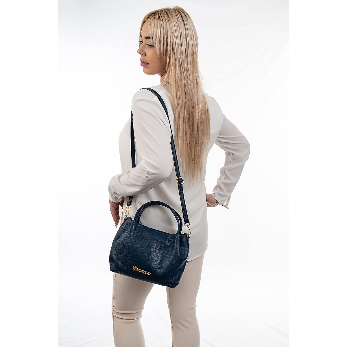 Baroncelli Italian Navy Blue Leather Purse for Women Genuine Soft Leather Medium Size Shoulder Crossbody Bag Made in Italy