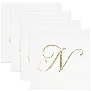 Gift Boutique 100 Gold Monogram Cocktail Napkins Letter N Disposable Paper Pack Elegant Metallic Golden Foil Hand Napkin for Powder Room Wedding Holiday Birthday Party Baby Shower Decorative Towels