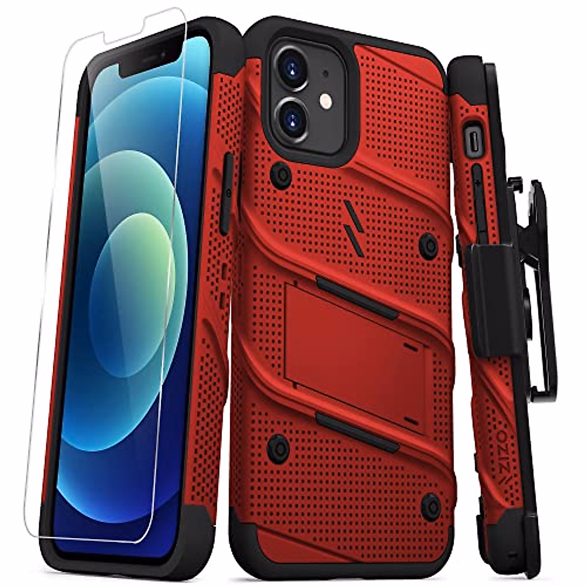 ZIZO Bolt Series for iPhone 12 / iPhone 12 Pro Case with Screen Protector Kickstand Holster Lanyard - Red & Black