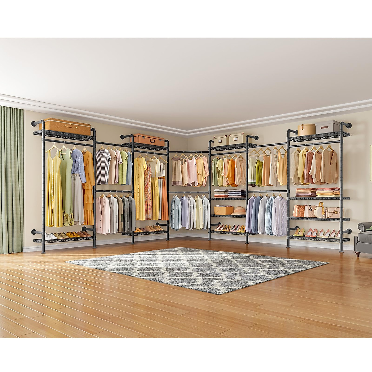 Timate U3 U Shape Garment Rack Heavy Duty Clothes Rack for Hanging Clothes, Expandable Industrial Pipe Clothing Rack Wall Mounted Closet L Shaped Closet Wardrobe Closet System, Large Closet Kit, Black