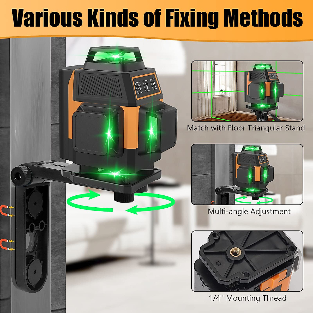 OMMO Laser Level, 16 Lines Green Laser Level Self Leveling Tool, 150ft Mini Laser Level Beam Tool with Two 360° Vertical and Two 360° Horizontal Lines, Magnetic Stand USB Cable Included
