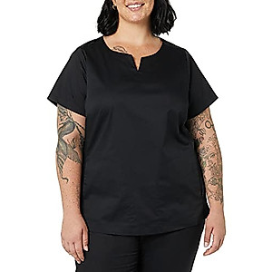 Amazon Essentials Women's Classic Fit Split Neck Crew Scrub Top (Available in Plus Size), Black, Large