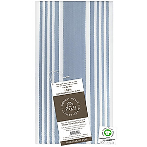 HONEST WEAVE GOTS Certified Organic Cotton Kitchen Hand and Dish Towel Sets - Oversized 20x30 inches, Fully Hemmed, in Designer Colors, 6-Pack, Dusty Blue Stripe