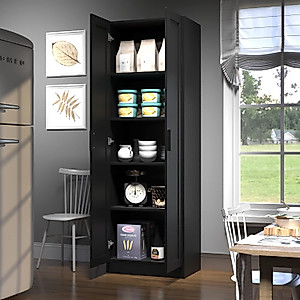 Panana Wooden Tall Storage Cabinet with 2 Doors and Shelves - Free Standing Narrow Food Pantry (Black, 45P)