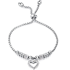 Jude Jewelers Stainless Steel Heart Charm Adjustable Size Beaded Strand Style Wedding Statement Holiday Bracelet (Silver)