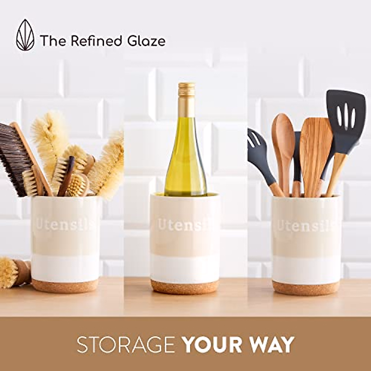 The Refined Glaze Farmhouse Utensil Holder for Countertop - Ceramic Farmhouse Utensil Holder (7in x 5in) - Large Elegant Kitchen Storage Organizer for Spatulas and Spoons (Beige and White)
