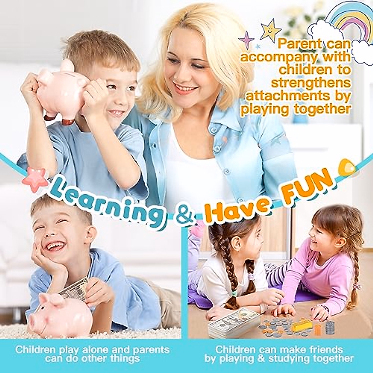 Quiet Flower Learning Pretend Play Coin, Copy Pretend Coins Toys for Kids, Prop Fake Coins and Banking Play Toys Set(200pcs)