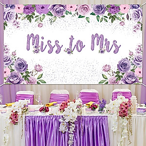 WATINC XtraLarge Miss to Mrs Bridal Shower Backdrop Banner Decorations, Purple Floral Rose Gold Glitters Confetti Decors, Wedding Bride to Be Engagement Party Photo Booth Prop for Indoor Outdoor Wall