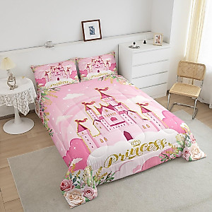 Princess Twin Bedding Sets for Girls,Pink Castle Dreamy Comforter Set Kids Bedroom Decor,Flowers Garden Princess Bed Set,Fairy Tale Theme Duvet Insert Cute Blanket,Gifts for Girls
