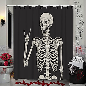 JOOCAR Rock and Roll Skull Skeleton Bone Love Music Vintage Shower Curtain Waterproof Sugar Candy Skull Day of Dead On Black Backdrop Bath Room Shower Curtain with 12 Hooks