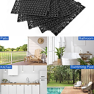Modular Interlocking Cushion 12 Pack 11.8" x 11.8" Rubber Floor Tiles Non-Slip Splicing Drainage Mats for Deck, Pool, Outdoor Shower, Patio, Balcony, Indoor Bathroom, Kitchen, Yard (Black)