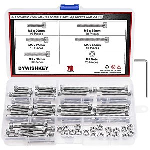 DYWISHKEY 70 Pieces M5 x 20mm/25mm/30mm/35mm/40mm Stainless Steel 304 Hex Socket Head Cap Bolts and Nuts Kit