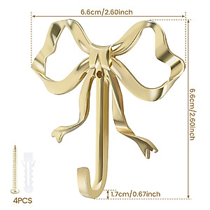 4Pcs Bow Hook Decorative Bow Hanger Sturdy Brass Towel Hook Gold Brass Bow Shaped Hooks Brass Wall Hook Wall Hanging Towel Hook Multipurpose Bow Shaped Hat Hooks for Bathroom Bedroom Hat Bag Key (S)