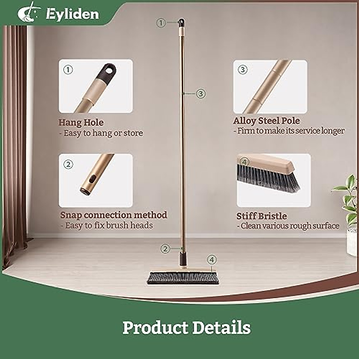 Eyliden Push Broom Indoor, Multi-Surface Angle Broom with 48" Long Handle, Stiff Bristle Floor Brush for Tile Bathroom Patio Garage Deck Concrete Wood Stone Cleaning Indoor Outdoor Rough Floor