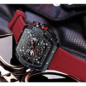 AIMES Watches for Men Fashion Hollow Tonneau Large Face Watches for Men Rectangle Luxury Work Big Dial Mens Watches Cool Analog Quartz Luminous Waterproof Wrist Watch Red Silicon Strap Dress Watch