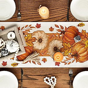 Artoid Mode Orange Pumpkin Maple Leaf Stripes Fall Table Runner, Seasonal Autumn Kitchen Dining Table Decoration for Home Party Decor 13x72 Inch