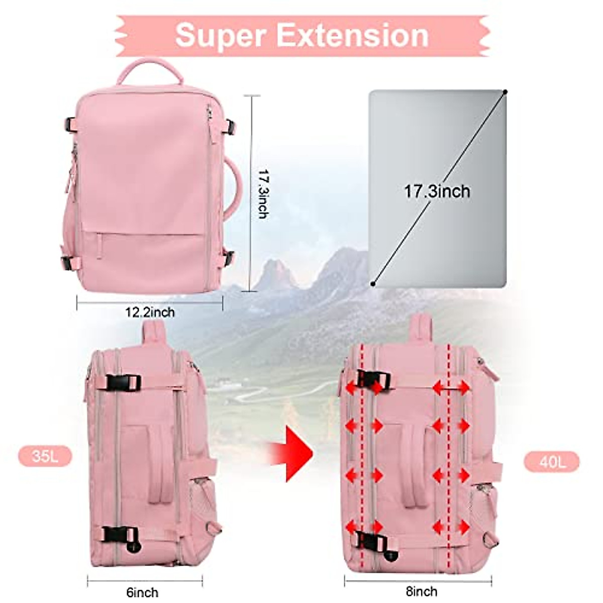 Hanples Extra Large Travel Backpack for Women as Person Item Flight Approved, 40L Carry On Backpack, 17 Inch Laptop Backpack, Waterproof Backpack, Hiking Backpack, Casual Bag Backpack(Pink)