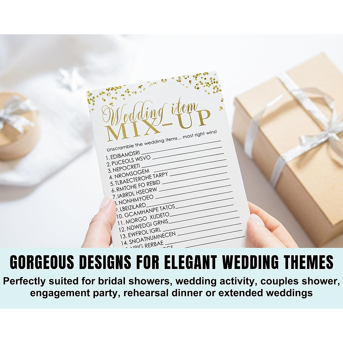 Black and Gold Bridal Shower Word Scramble Game Unscramble Wedding Phrases, Modern Confetti, 4x6 Cards, 25 Guest Pack