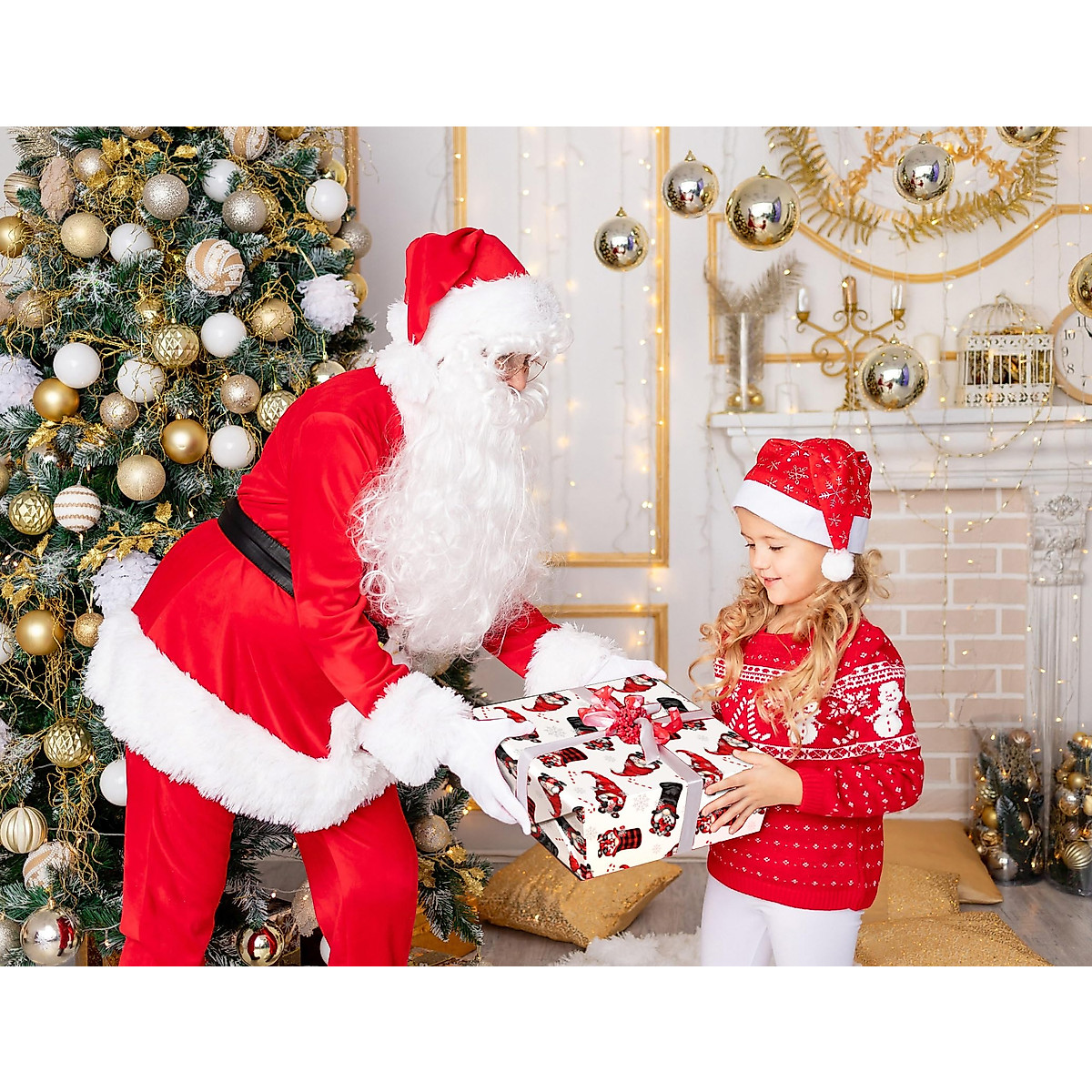 ZINTBIAL Christmas Wrapping Paper for Kids Adults - Xmas Jumbo Sheets with Red/Black Plaid, Santa, Reindeer, Gnome, and "Ho Ho" Designs - 29 x 42 Inches, 6 Jumbo Sheets - Recycled, Easy to Store, Not