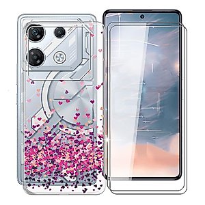 KJYFOANI for Infinix GT 10 Pro Case with 2 x Tempered Glass Screen Protector, Transparent Shockproof Solf Silicone Protection Case for Infinix GT 10 Pro, Case for Women Men, (6.67") - Pink Love