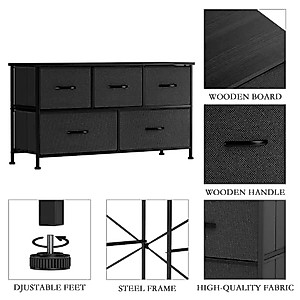 JUMMICO Fabric Dresser for Bedroom, Tall Wide Dresser with 5 Drawers, Storage Tower with Fabric Bins, Dresser Fabric Box Steel Frame, Wood Top Drawer Chest TV Stand for Closet, Living Room (Black)