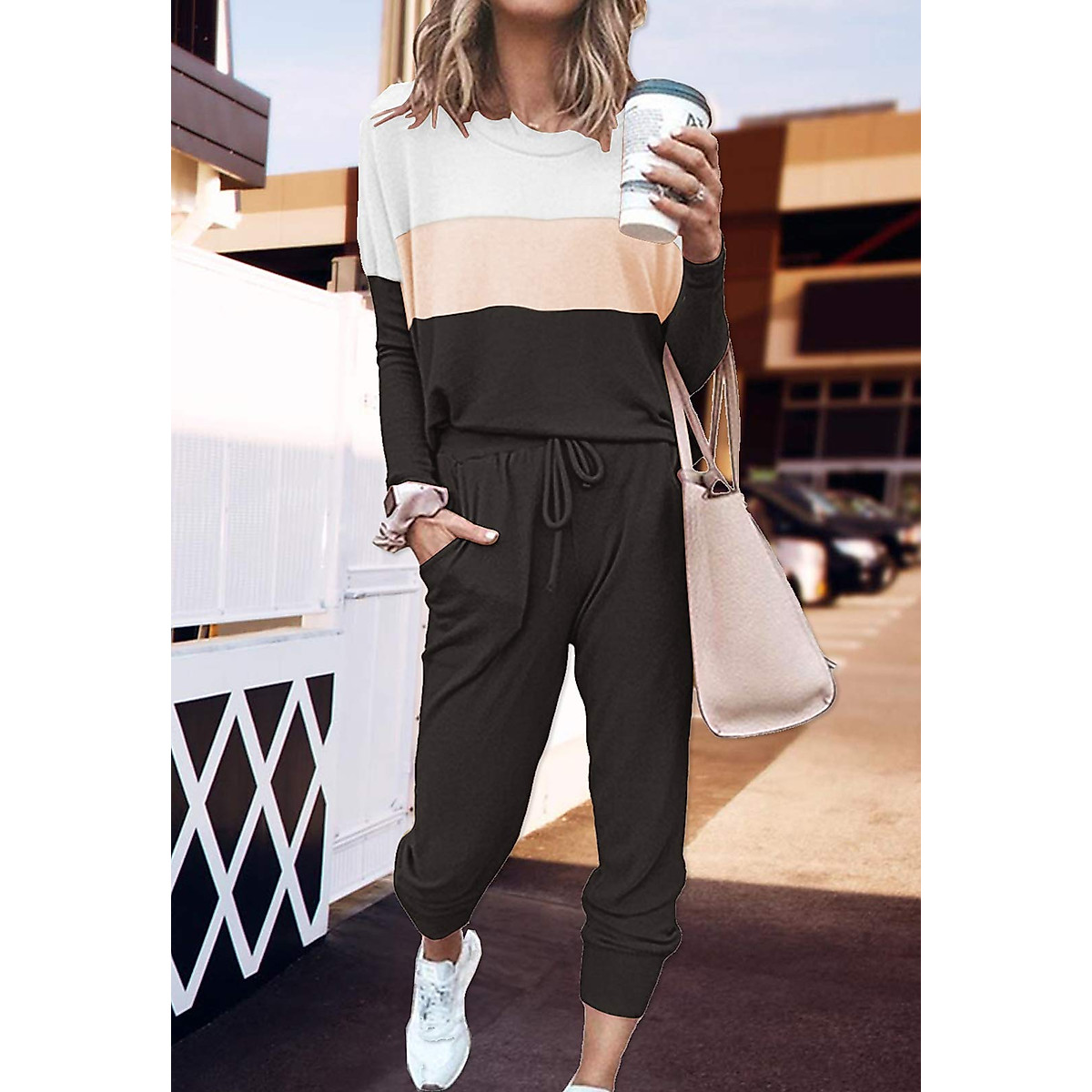 Fixmatti Women 2 Piece Outfit Long Sleeve Colorblock Shirt Pant Set Jogging Sweatsuit Black M