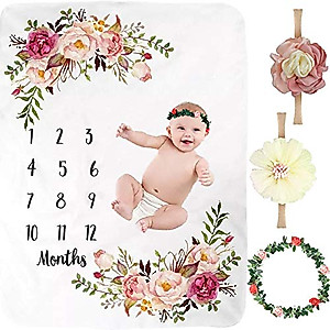 SPOKKI 4 PCS Baby Monthly Milestone Blanket, 51"x40" Premium Fleece Floral Memory Blankets kit for Newborn Girls Boys Photography Props and Mom Nursery Shower Gift (Pink)