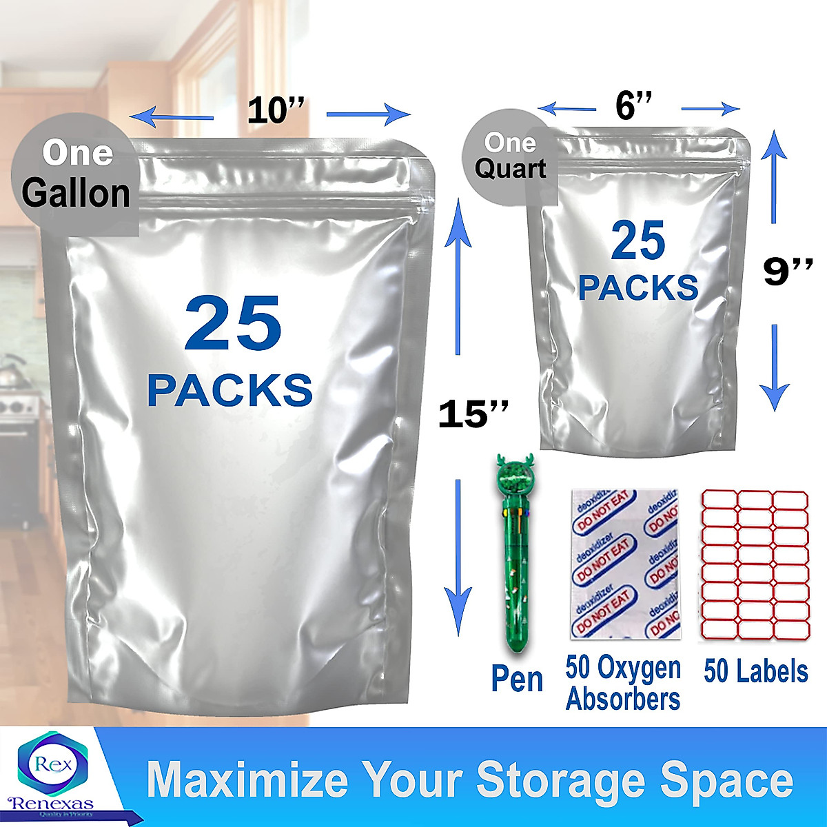 50 Pcs Mylar Bags For Food Storage With Oxygen Absorbers, Airtight Resealable Foil Pouches For Long Term Storage, Reusable ziplock Bags pack of 1 gallon(25pcs) and 1 quart(25pcs)