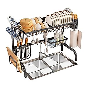 Parosan Dish Drying Rack Over Sink Adjustable (25.5"-33.5"), 2 Tier Iron Expandable Dish Rack Drainer with 5 Utility Hooks, Kitchen Counter Organizer Storage Space Saver Shelf (Black)