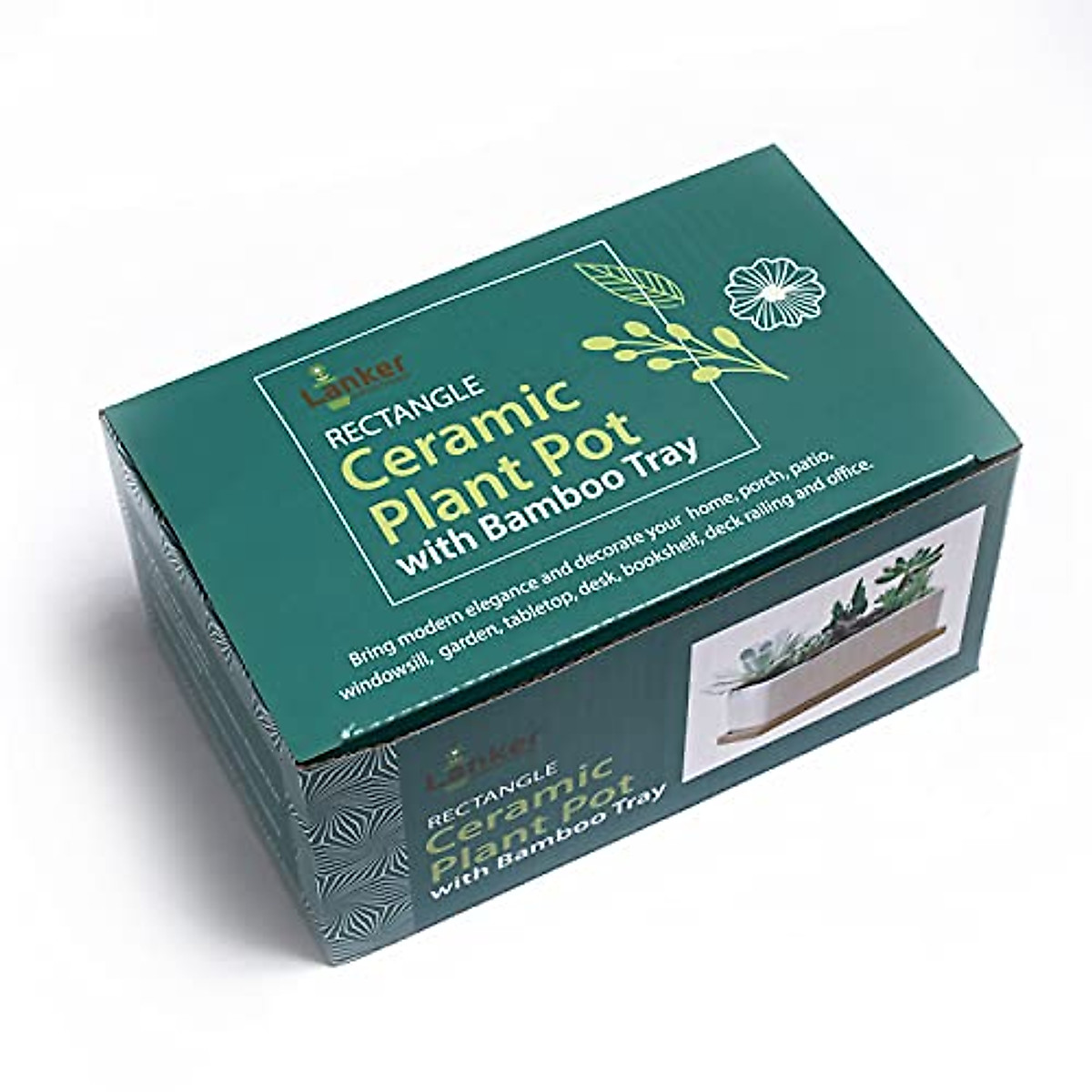 LANKER 6.5 Inch Rectangle White Ceramic Succulent Planter Pot Decorative Cactus Plant Pot Flower Container with Bamboo Tray (Rectangle 6.5 Inch)