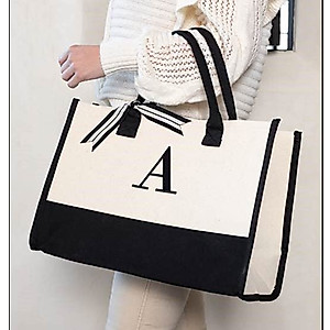 Mud Pie Classic Black and White Initial Canvas Tote Bags (A), 100% Cotton, 17" x 19" x 2"