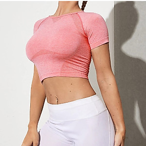 Workout Tops for Women Seamless Athletic Crop Tops for Women Short Sleeve Cropped Tops Scoop Neck Basic Workout Shirts for Yoga,Gym.Pink
