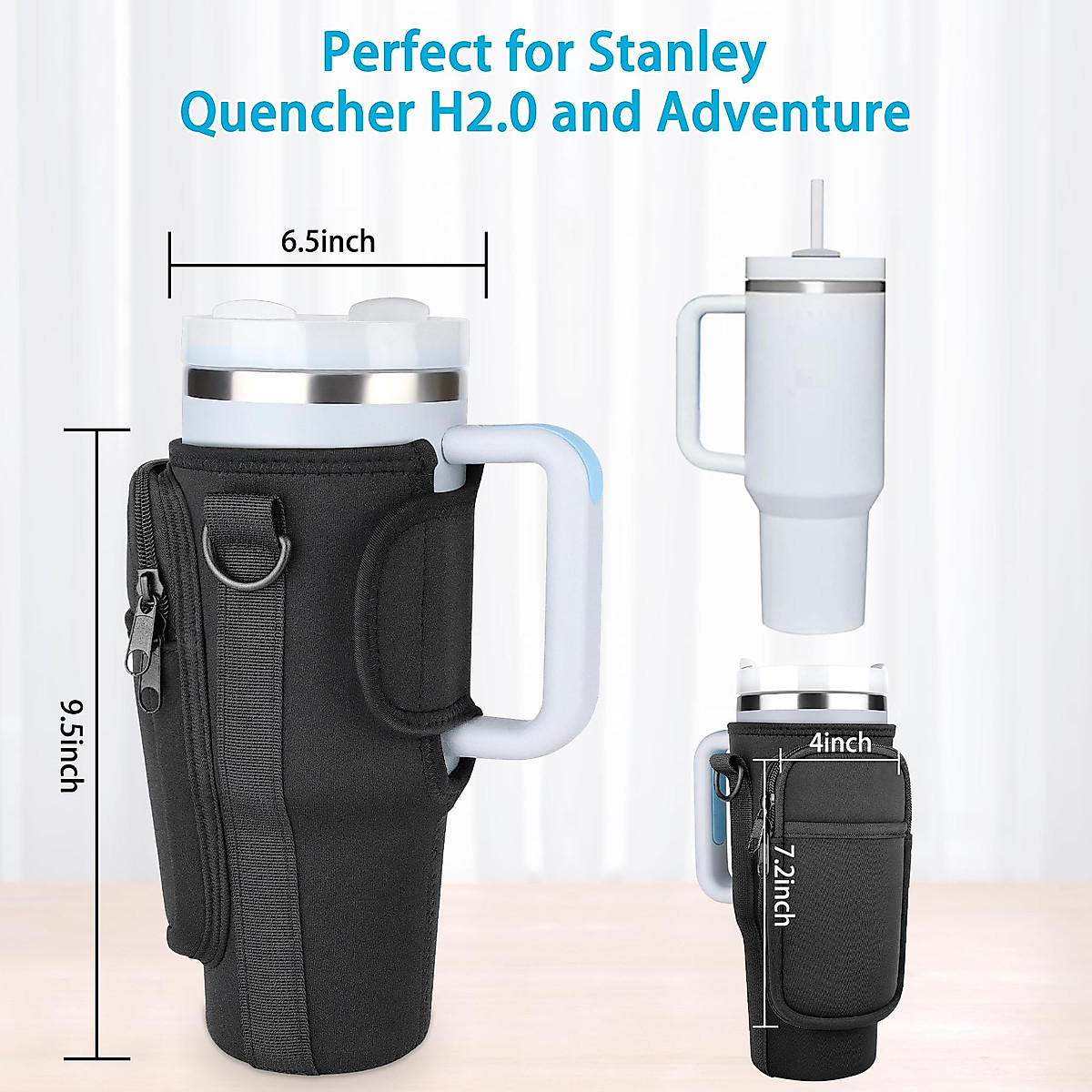CTSZOOM Water Bottle Carrier Bag for Stanley 40 Oz Tumbler, Bottle Pouch Holder with Pocket and Adjustable Shoulder Strap for Stanley Quencher H2.0, Accessories for Stanley Cup Walking Camping Black