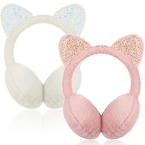 Henoyso 2 Pcs Cute Animal Earmuffs Winter Kids Earmuff Warm Fluffy Cat Ear Earmuffs for Girls Boys Kids Children Outdoor (Pink, White)