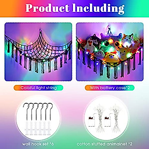 2 Set Stuffed Animal Net or Hammock with LED Light, Stuffed Animal Storage Stuffed Animal Hammock Corner Toy Hammock Macrame Stuffed Animal Organizer for Bedroom Nursery Kindergarten Decor (Black)