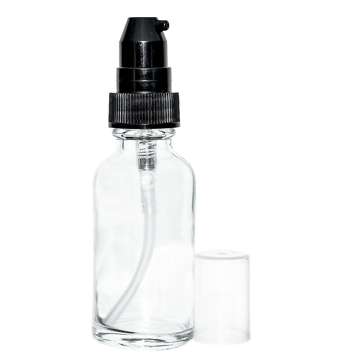 GlassBottleOutlet (Pack of 108) 1 oz. Clear Boston Round with Black Treatment Pump