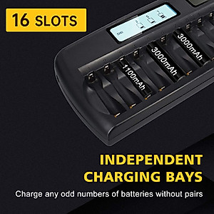 Tenberly 16 Bay Smart LCD Battery Charger for AA AAA 1.2V NIMH NICD Rechargeable Battery with AC Wall Adapter