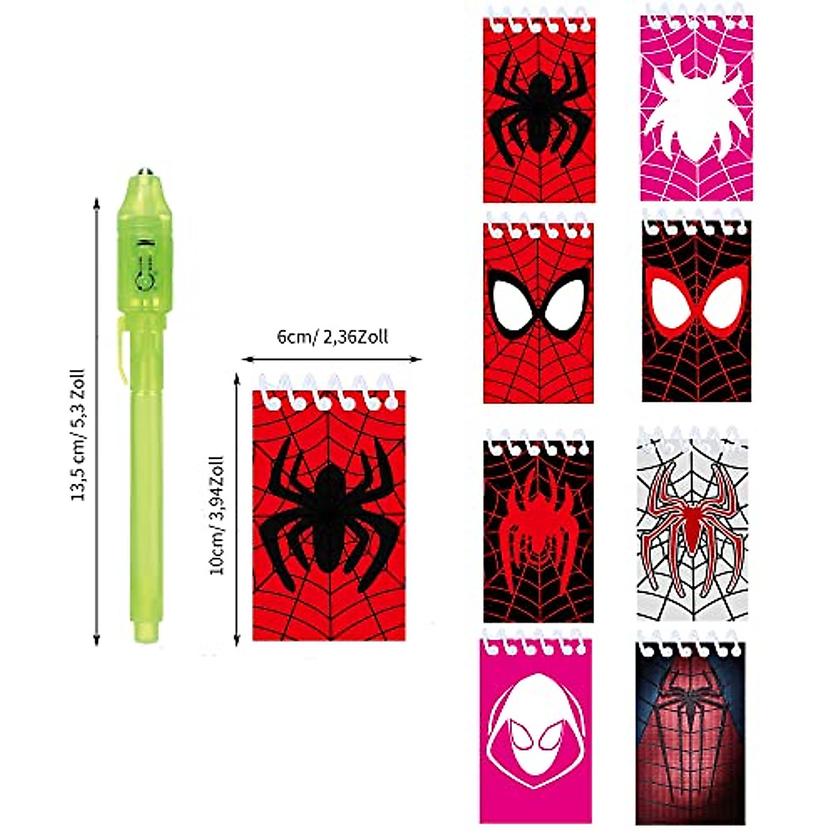 Jiaoohoo Spider Hero Party Favors | Set of 12 Invisible Ink Pen and Mini Notepads | Goodie Bag Stuffers for Superhero Game Party, Gifts, Classroom Prizes