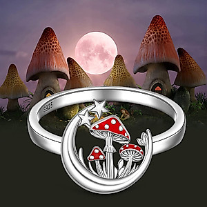 Fenthring Sterling Silver Mushroom Ring Moon Red Magic Mushroom Rings for Women Celestial Band Mushrooms Jewelry Size 9