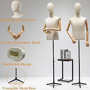 Male Mannequin Torso with Head, Dress Form Male 53"~76" Height Adjustable Body with Tripod Metal Stand, Sewing Mens Mannequin with Detachable Flexible Solid Wood for Store Display