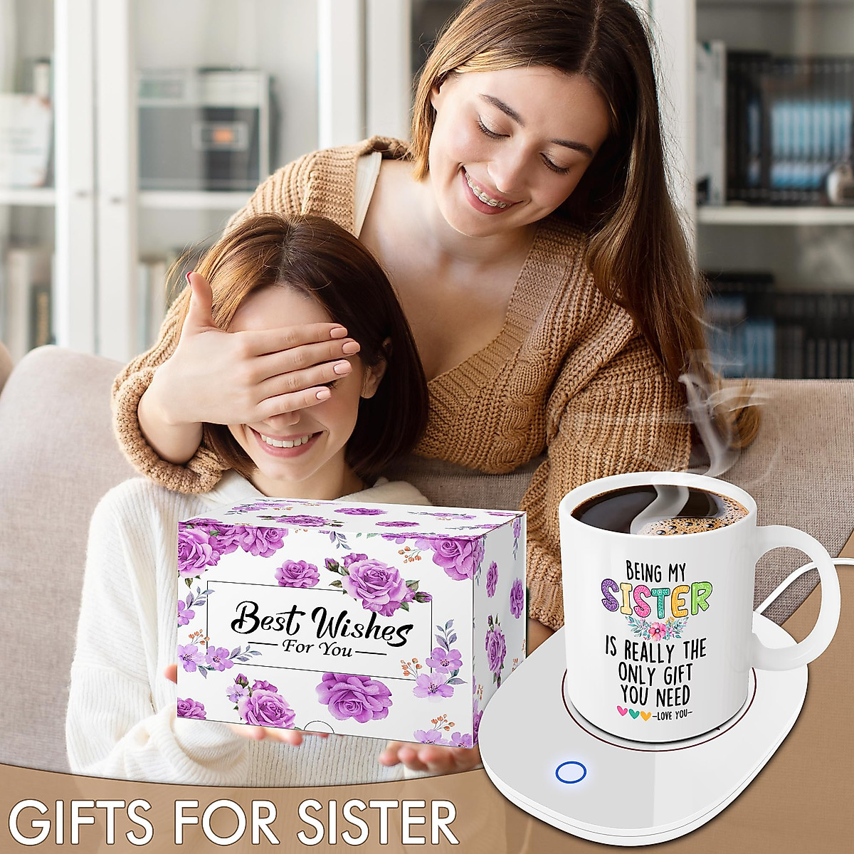 Sister Gifts, Sister Gifts from Sisters, Gifts for Sister, Christmas Sister Gifts for Women, Smart Warmer Thermostat Coaster with Mug, Christmas for Sister