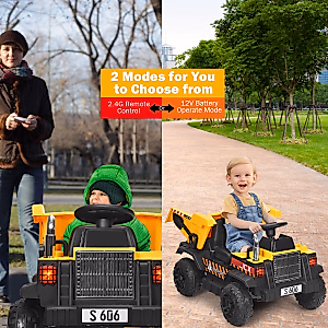 Costzon Ride on Car, 12V Ride on Dump Truck w/Remote Control, Electric Dump Bed, Music, Horn, USB, AUX, Treaded Tires, Shovel, 3 Speeds, Battery Powered Construction Vehicle, Electric Car for Kids