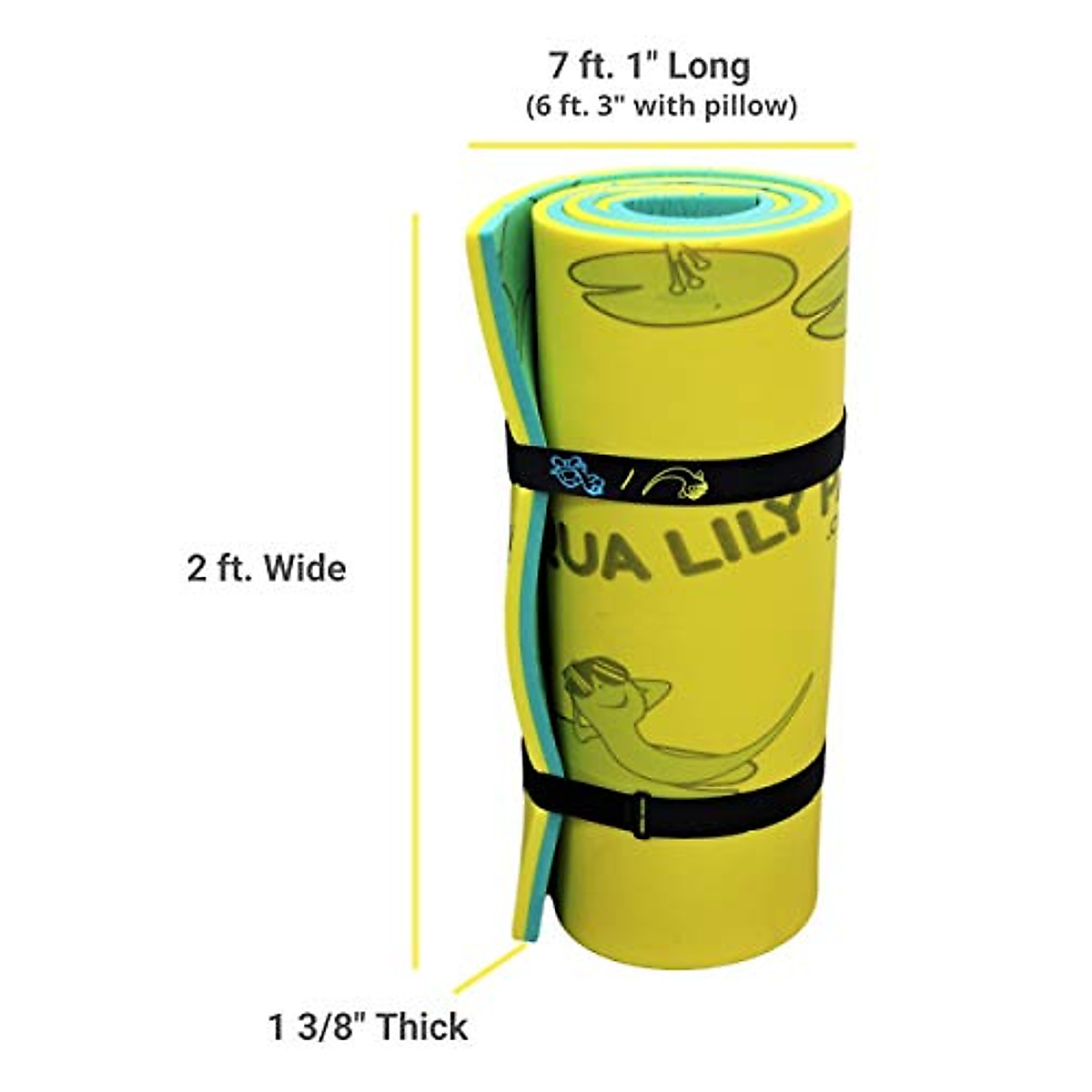 Aqua Lily Pad Tadpole Floating Pool Mat (Single Adult Foam Mattress Lounger) 7'1" x 2' Water Float Includes Pillow Straps & Storage Bag, Green/Yellow, Made in USA